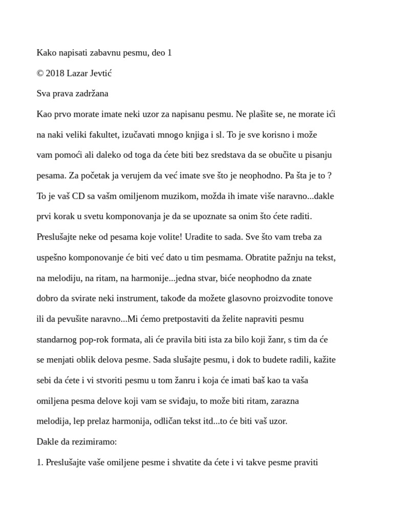 Lazar Jevtic - Kako Napisati Zabavnu Pesmu Deo 1 | PDF