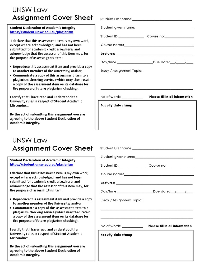 Assignment Cover Sheet: Unsw Law | PDF | Academic Integrity | Plagiarism