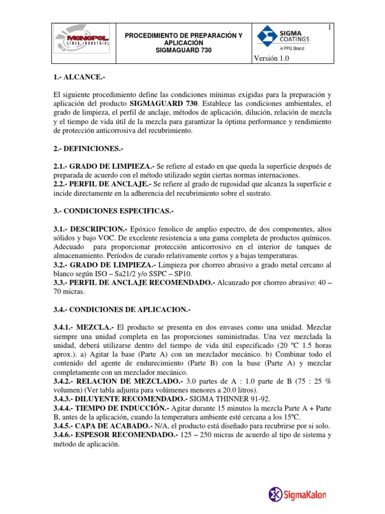 Procedimiento Sigmaguard 730 - Version 1.0 | PDF | Termodinámica ...