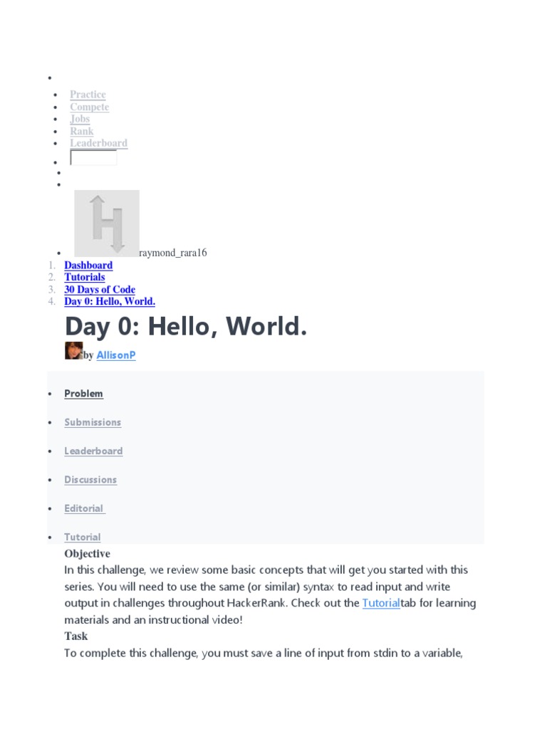 Day 0: Hello, World.: Practice Compete Jobs Rank Leaderboard | PDF | Variable (Computer Science ...