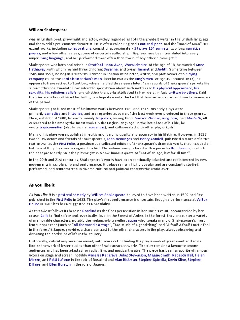 William Shakespeare: As You Like It | Download Free PDF | As You Like ...