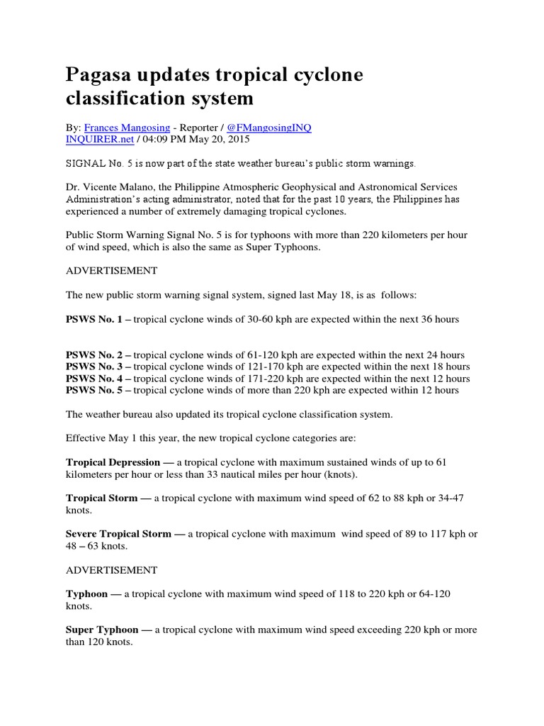Pagasa Updates Tropical Cyclone Classification System | PDF | Typhoon ...