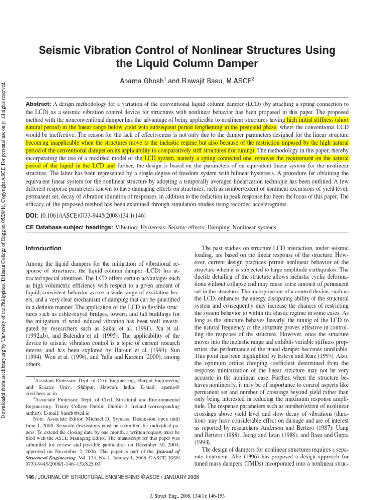 Liquid Column Damper | PDF | Hysteresis | Mechanical Engineering