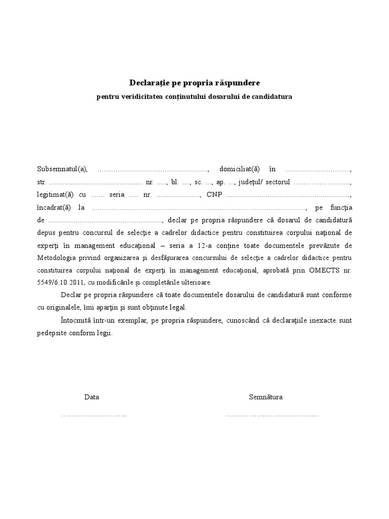Declaratie Pe Propria Raspundere | PDF