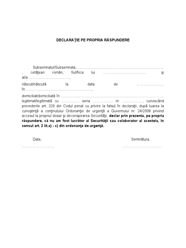 MODEL Declaratie pe propria raspundere - politie politica.doc