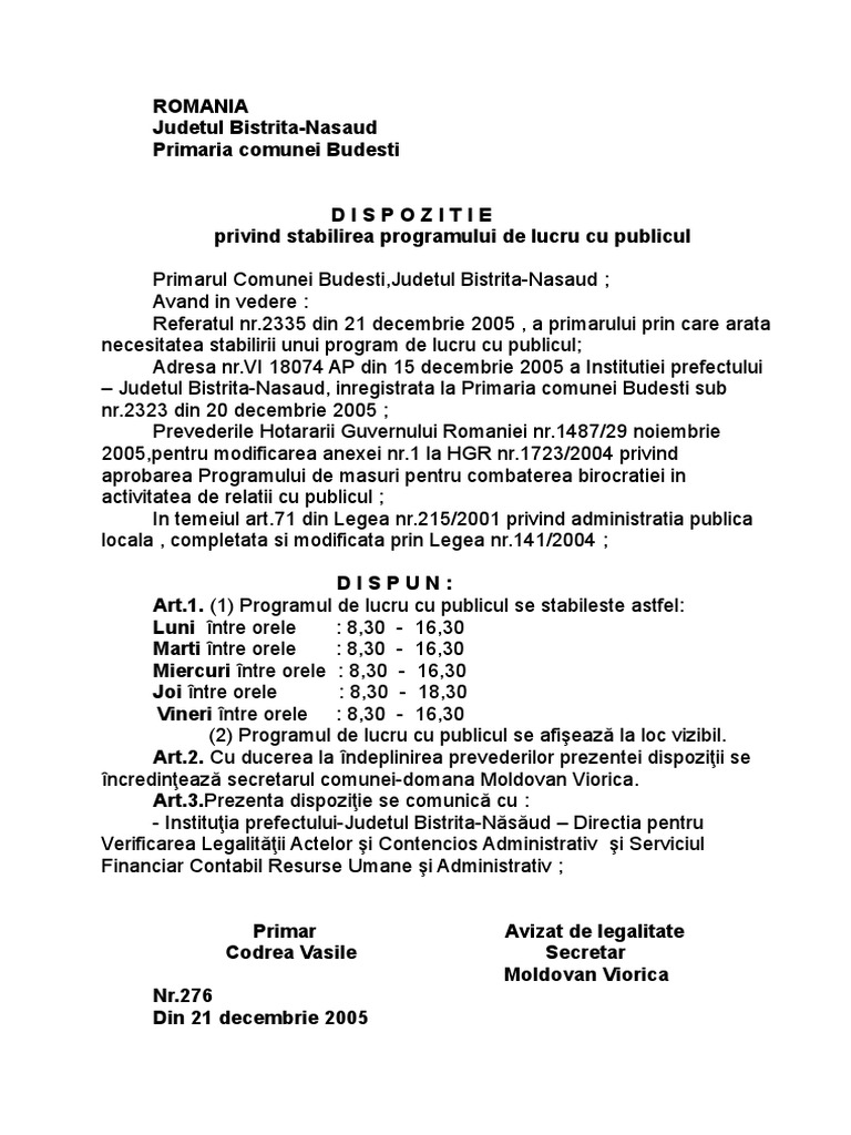 Dispozitie Program de Lucru