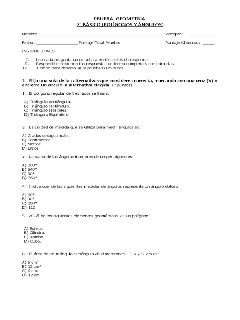 PRUEBA De-7mo-Basico-Geometria | PDF | Rectángulo | Triángulo