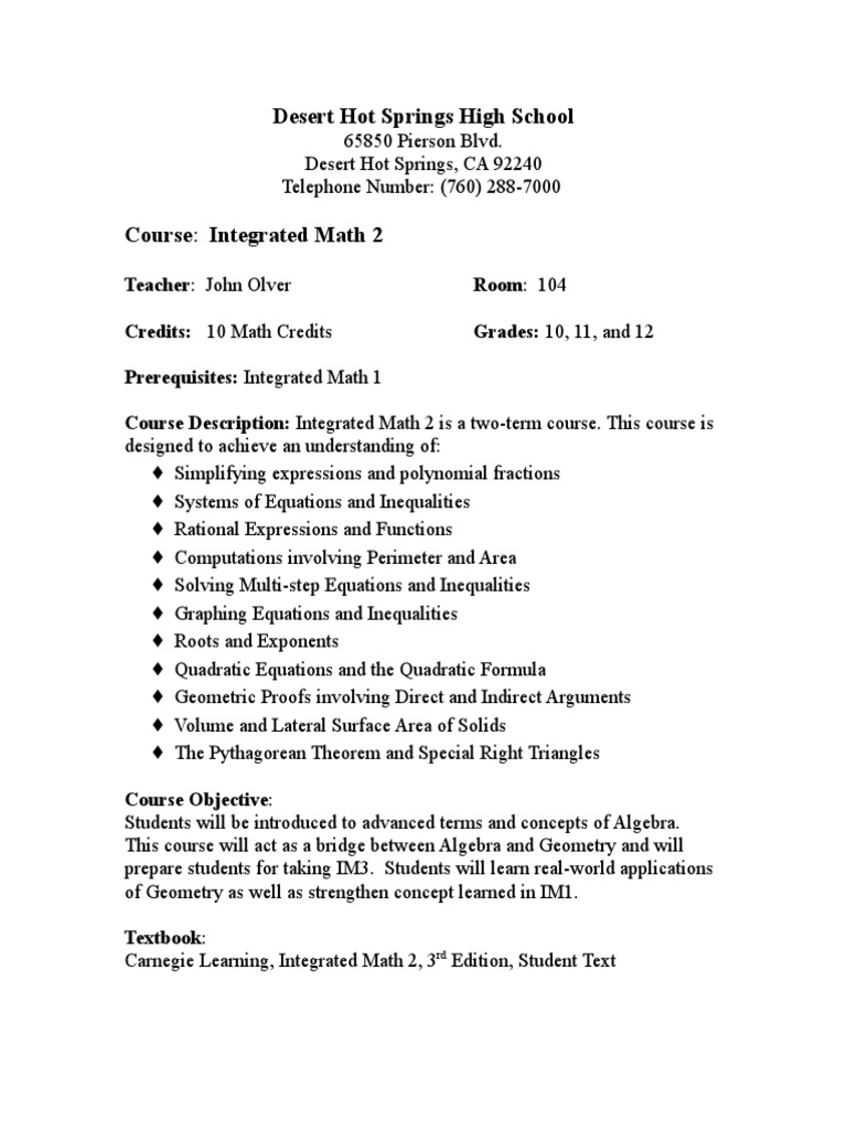 Syllabus Integrated Math 2 | PDF | Equations | Quadratic Equation