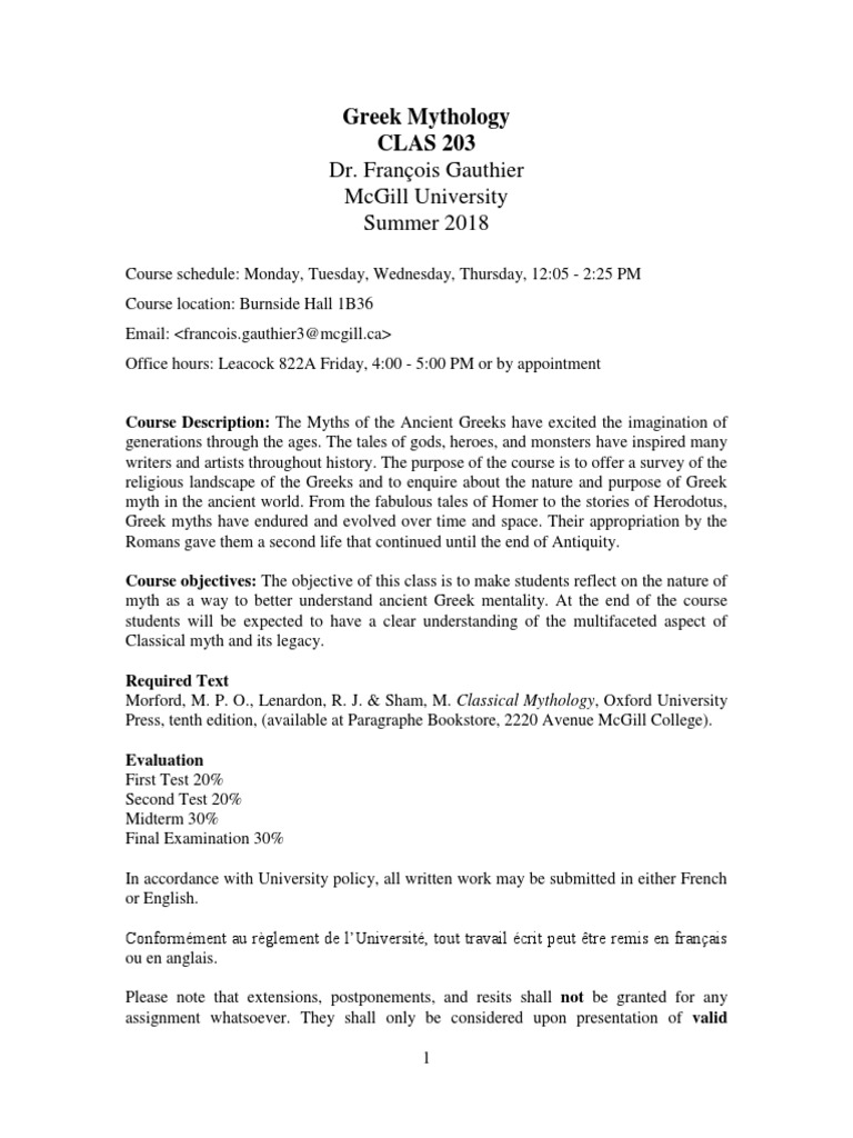 CLAS 203 Syllabus Summer 2018 PDF | Download Free PDF | Greek Deities ...