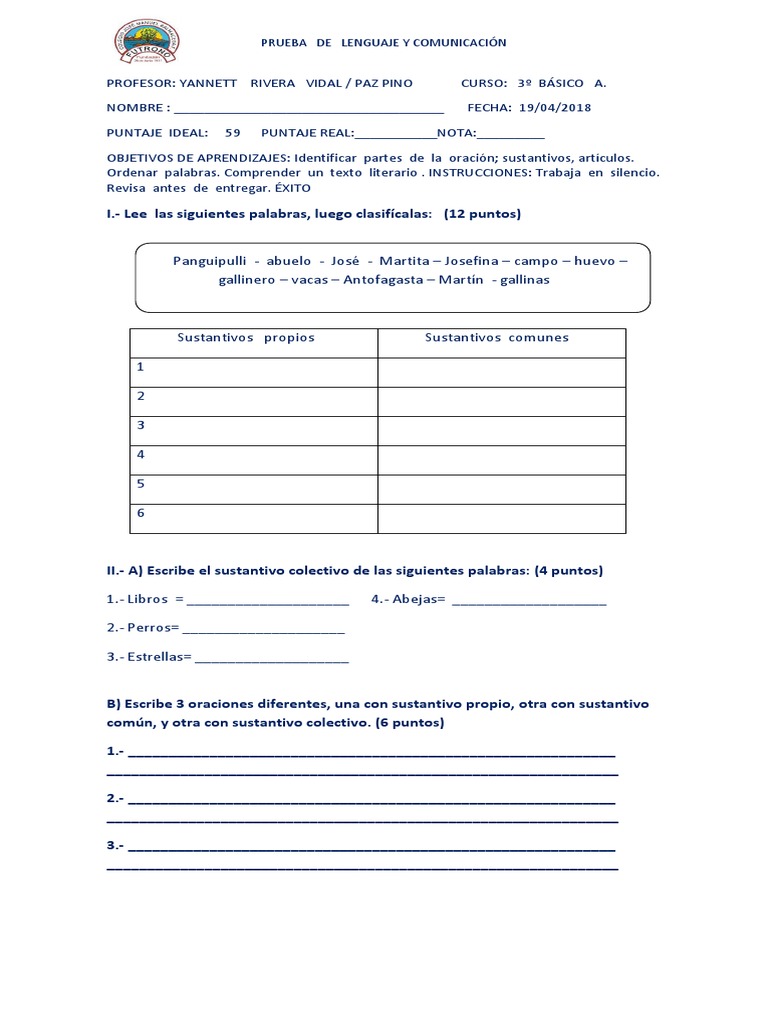Pruebas Sustantivos Comunes Propios Colectivos | PDF | Estudios de ...