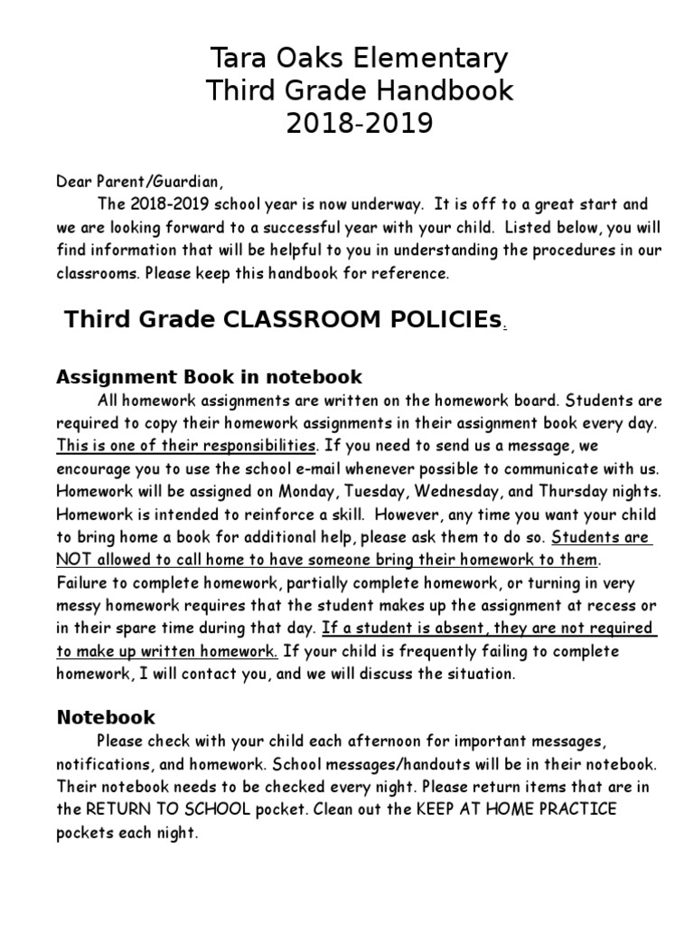 Tara Oaks Elementary Third Grade Handbook 2018-2019 | PDF | Homework ...