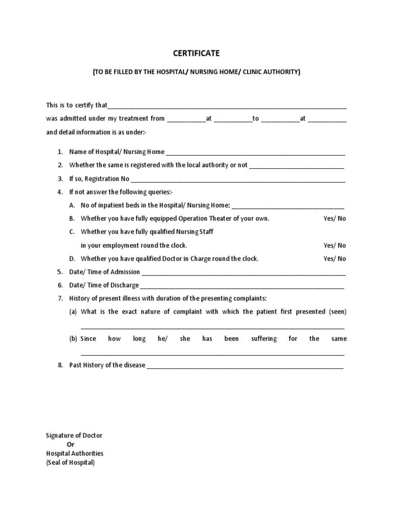 Certificate: (To Be Filled by The Hospital/ Nursing Home/ Clinic ...