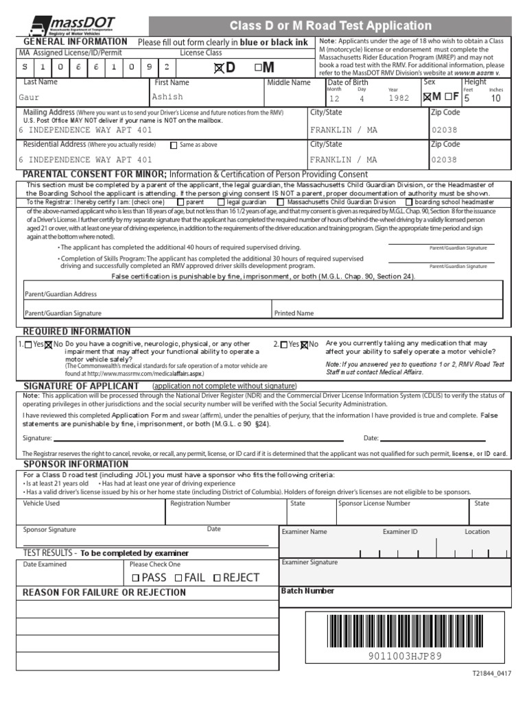 RMV Class D Road Test - 6JT23 | PDF | Driver's License | Identity Document