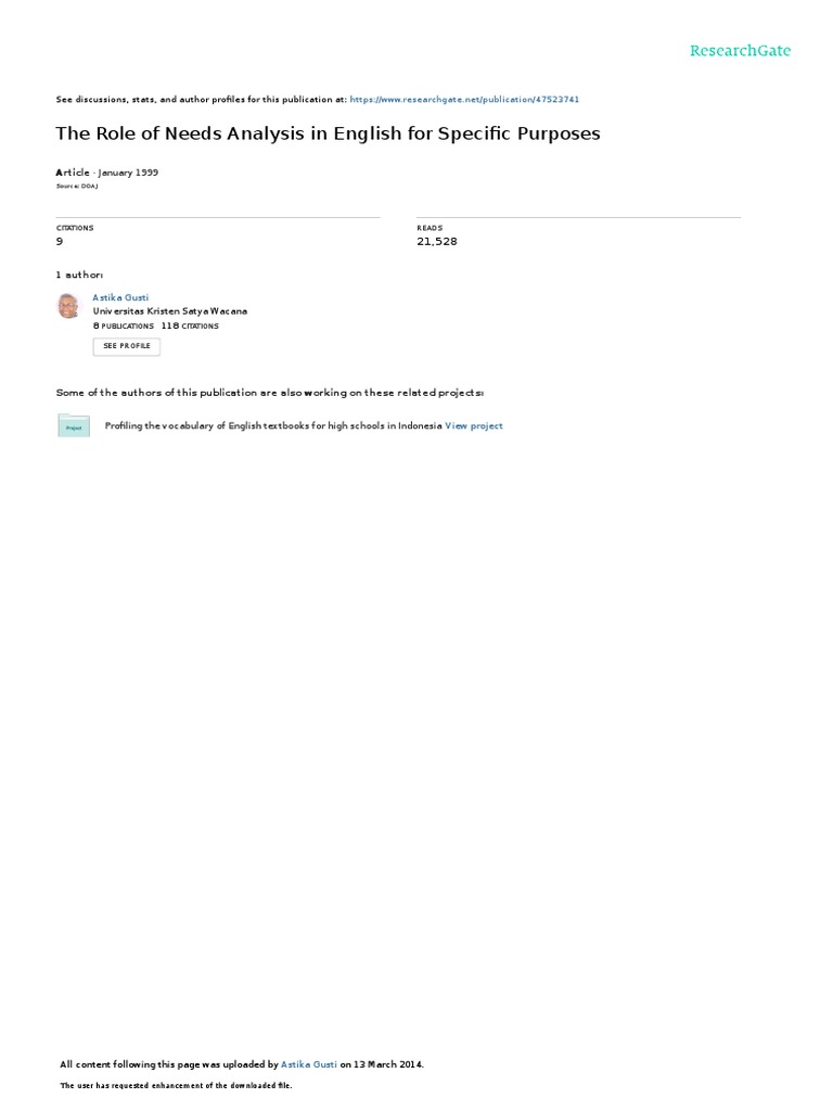 The Role of Needs Analysis in English For Specific Purposes | PDF ...