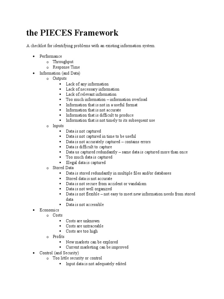 PIECES Framework for System Analysis | PDF | Information | Data