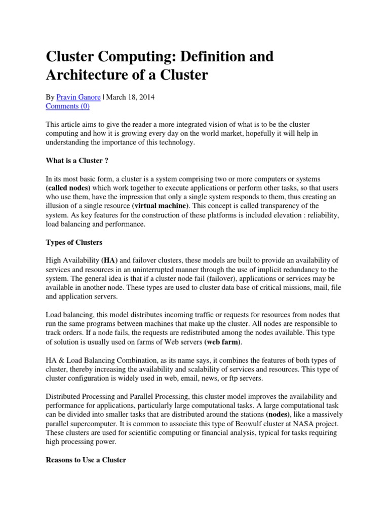 Cluster Computing: Definition and Architecture of A Cluster: Pravin ... Cluster Computing: Definition and Architecture of A Cluster: Pravin ...