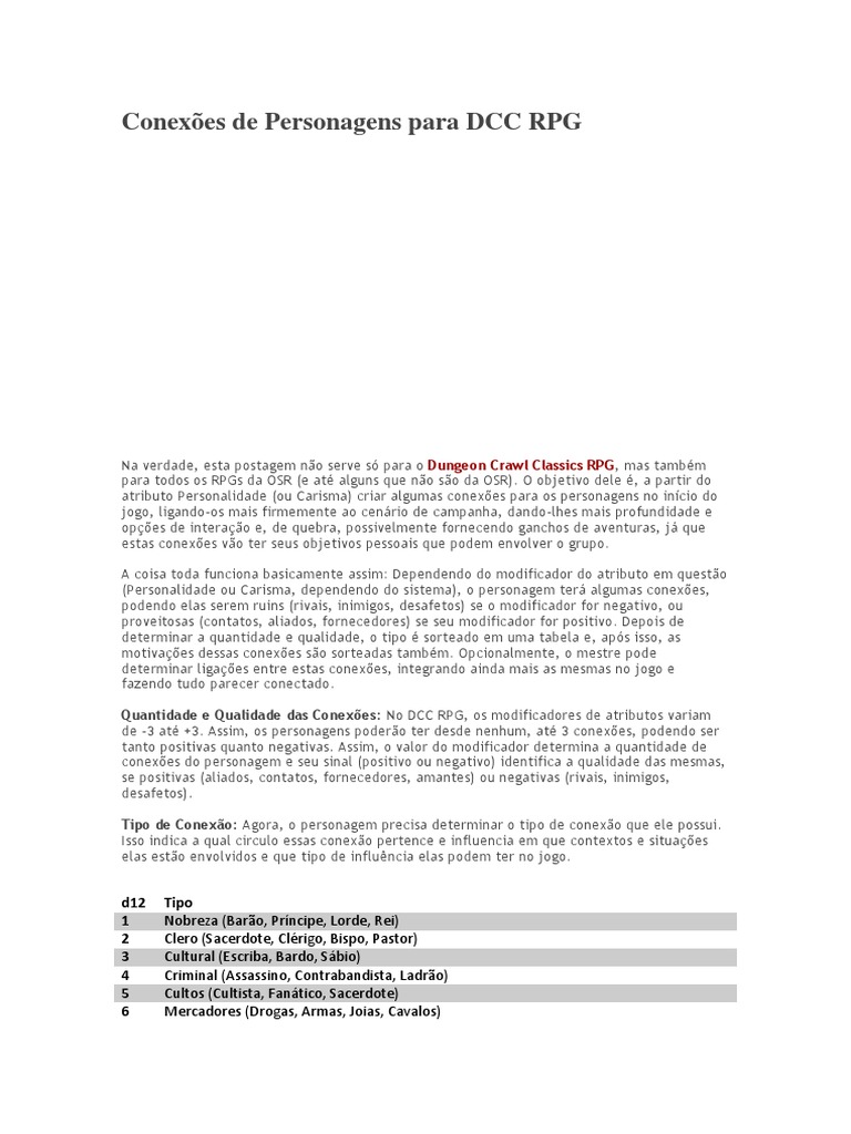 DCC Conexões de Personagens para DCC RPG | PDF | Jogos de RPG | Lazer