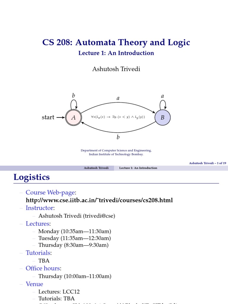 CS 208: Automata Theory and Logic: Lecture 1: An Introduction | PDF | Theoretical Computer ...