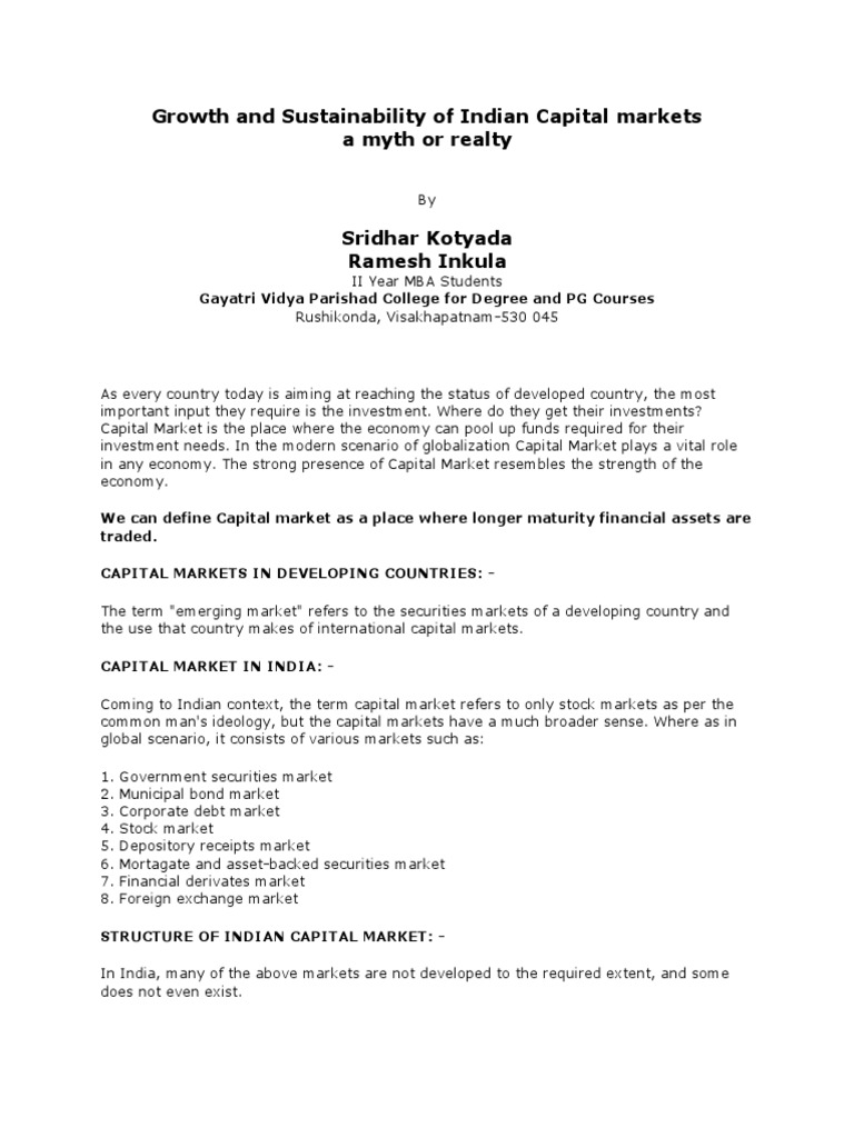 Growth and Sustainability of Indian Capital Markets A Myth or Realty ...