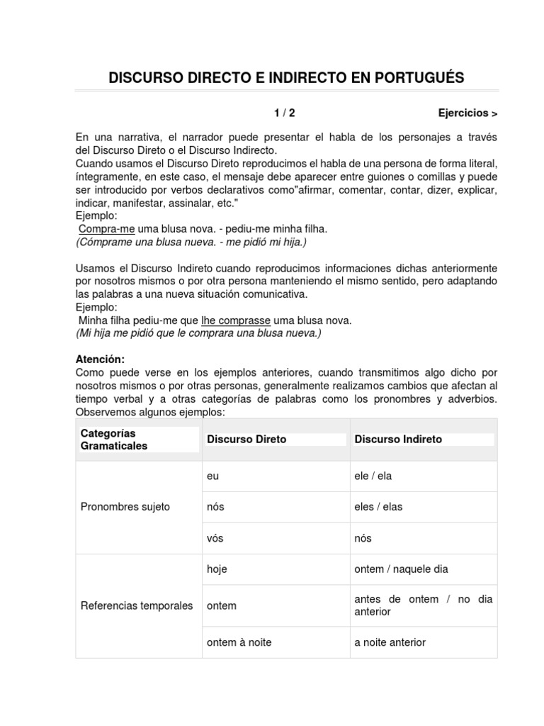 Discurso Directo e Indirecto em Português O.K | PDF | Tiempo gramatical ...