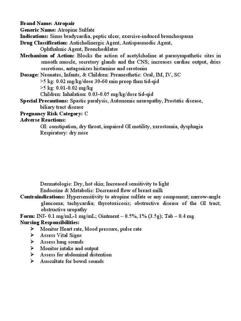 Drug Study - Atropine Sulfate (Atropair) | PDF
