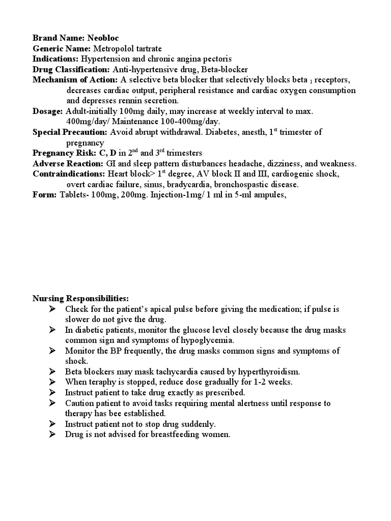 Drug Study - Metropolol Tartrate (Neobloc) | PDF