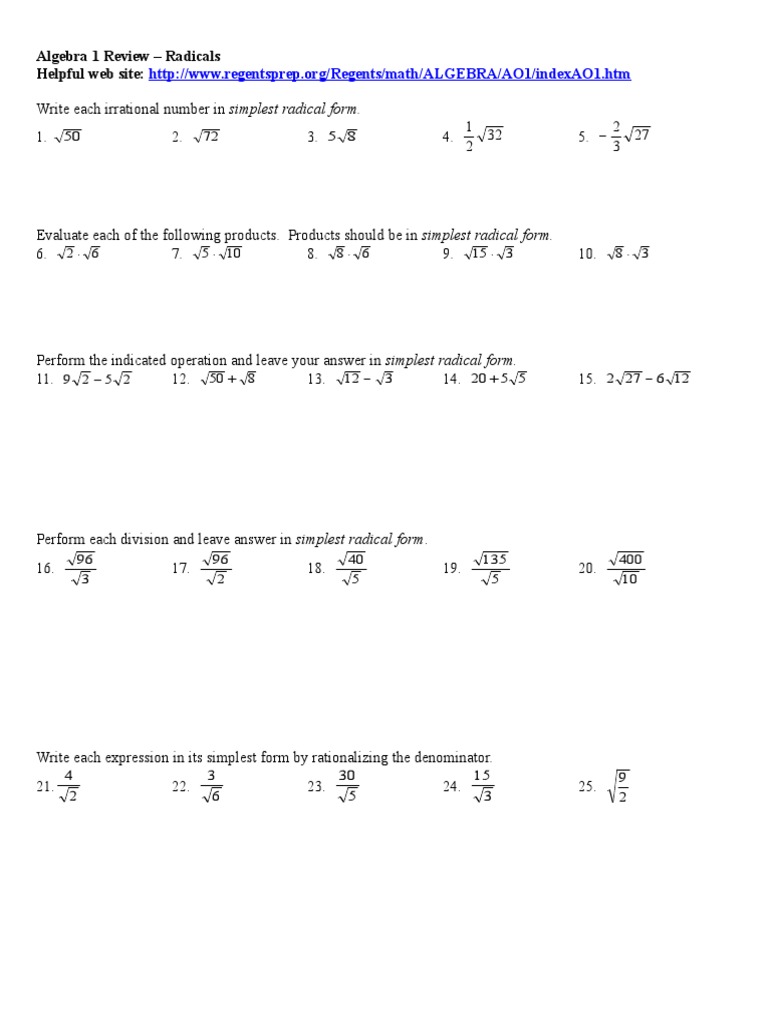 Algebra 1 Radicals Review Guide | PDF