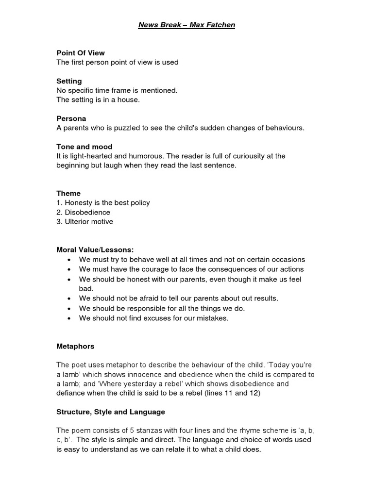 News Break - Max Fatchen Notes | PDF | Poetry