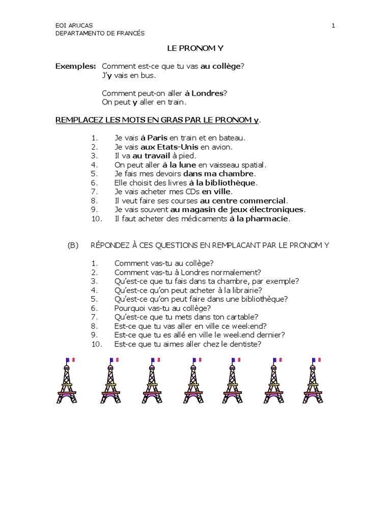 Exercices sur le pronom Y en français | PDF
