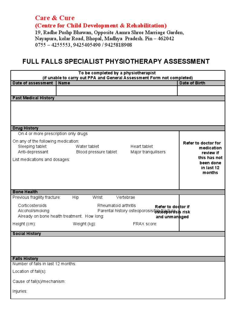 Full Falls Physiotherapy Assessment Form | PDF | Physical Therapy ...