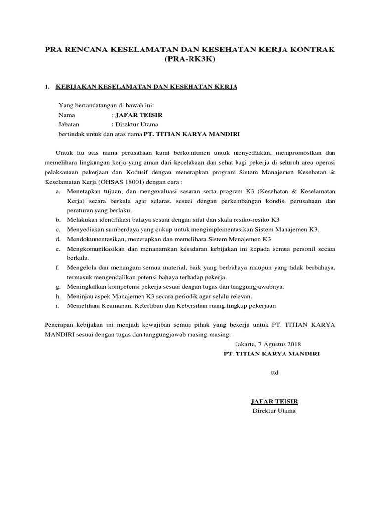 Rencana Keselamatan Kerja Konstruksi K3 | PDF