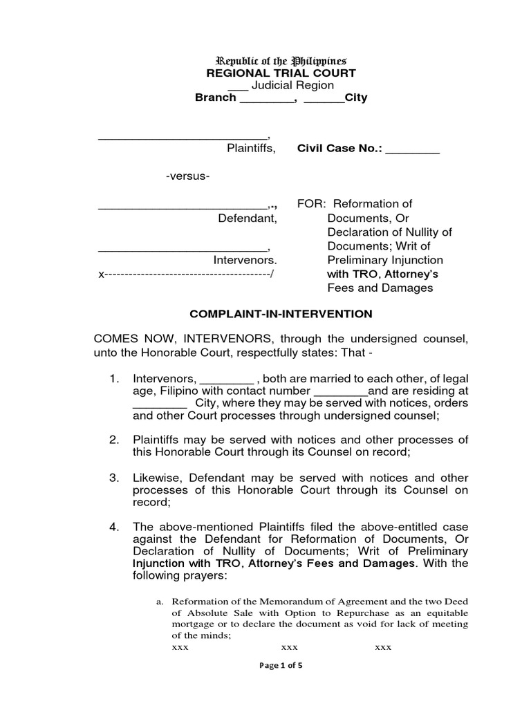 Sample - Complaint in Intervention | Injunction | Deed | Free 30-day ...