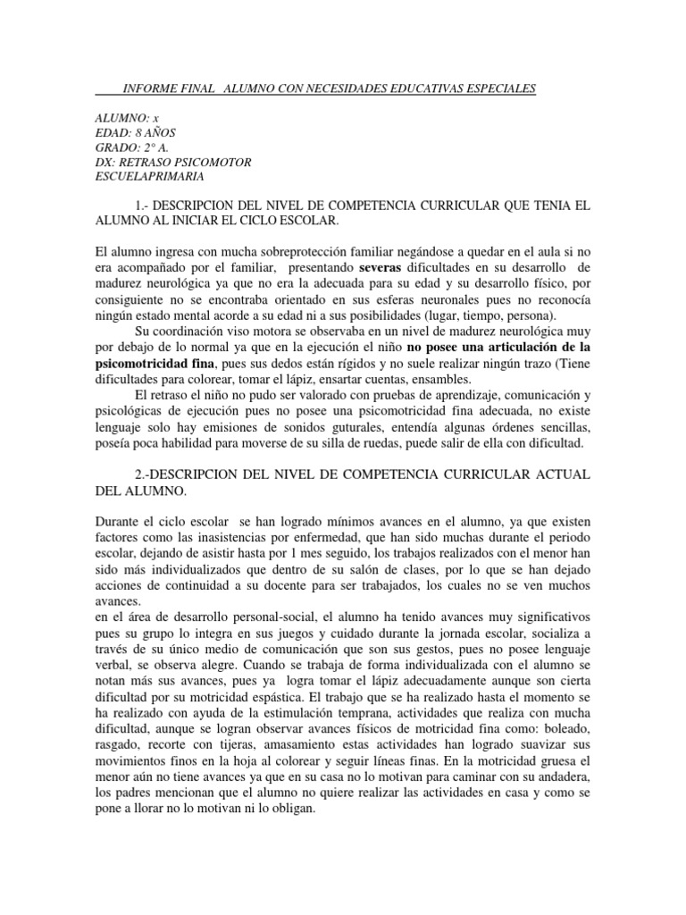 Ejemplo de Informe Final de Alumno Con Necesidades Educativas Especiales | PDF | Aprendizaje ...