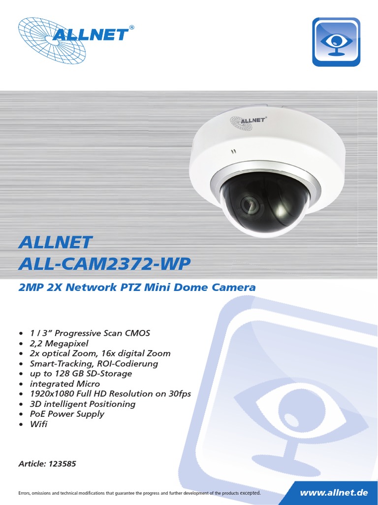 Allnet ALL-CAM2372-WP: 2MP 2X Network PTZ Mini Dome Camera | PDF | Zoom ...
