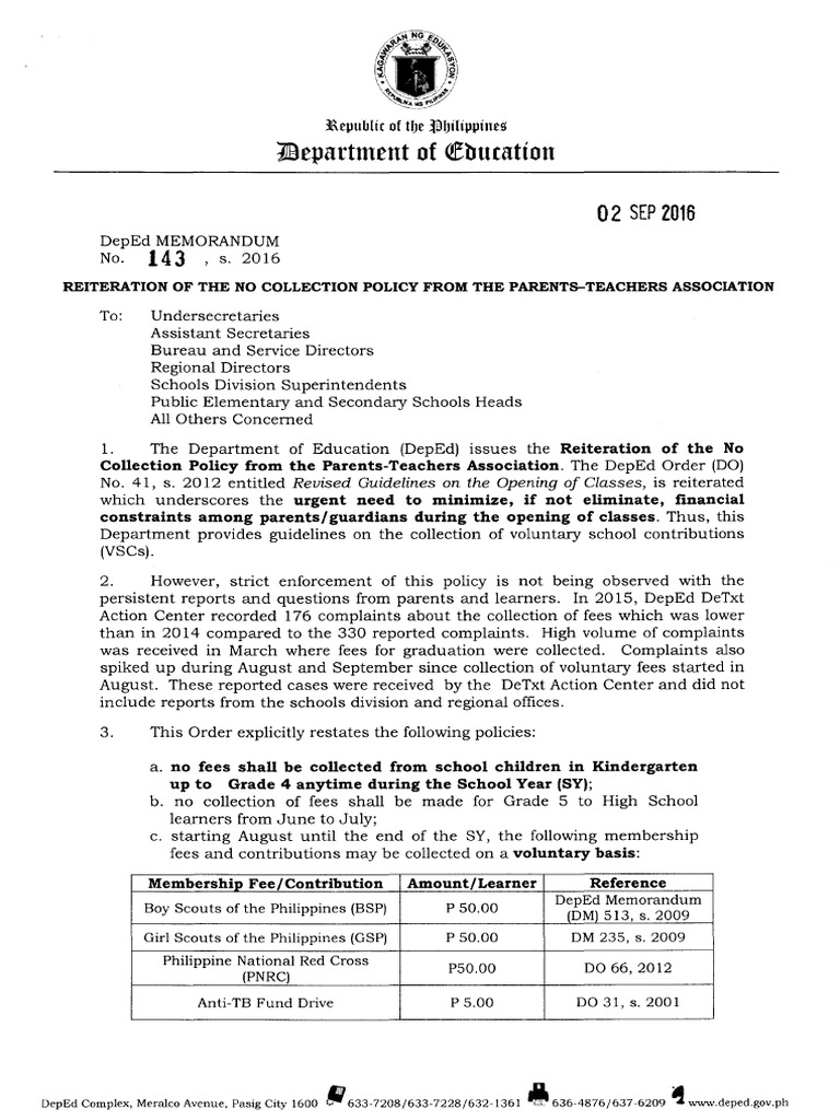 Deped Order 143 S 2016 No Collection Policy | PDF