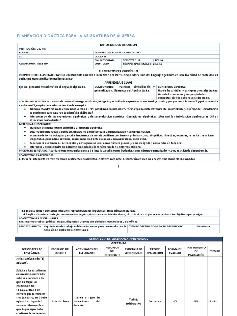 PLANEACION DIDACTICA - Algebra 2 PDF | PDF | Evaluación | Fórmula