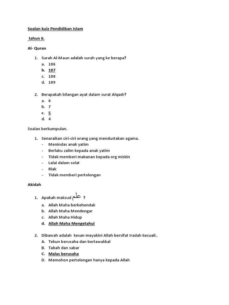Soalan Kuiz Tahun 6 | PDF