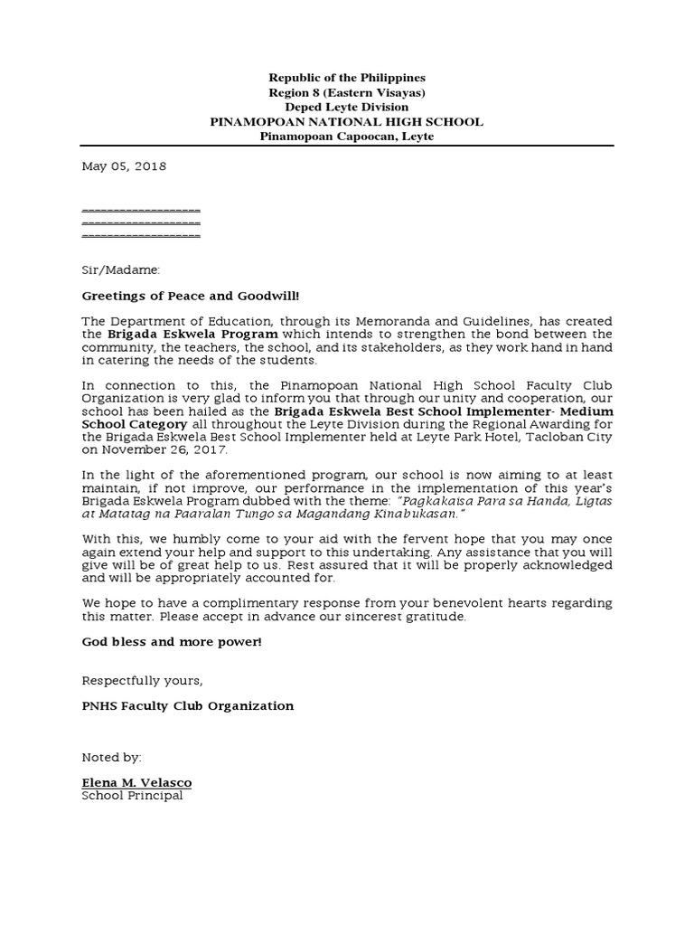 Brigada Eskwela Solicitation Letter | PDF