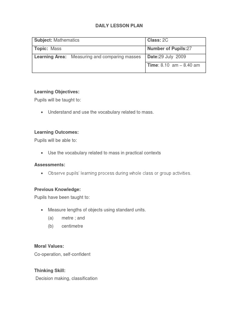 Daily Lesson Plan Mathematics | PDF | Teachers | Lesson Plan