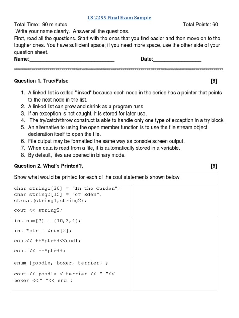 CS 2255 Final Exam Sample Questions | PDF | Subroutine | Array Data ...