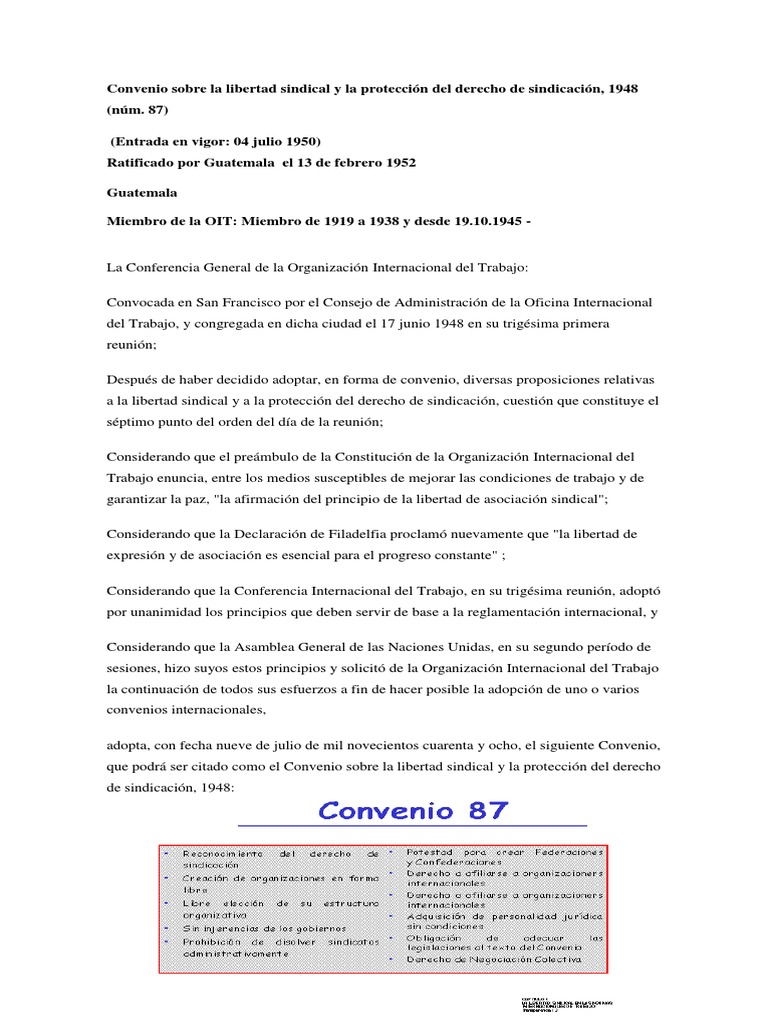 Convenio 87 Ratificado en Guatemala | PDF | Organización Internacional del Trabajo | Gobierno