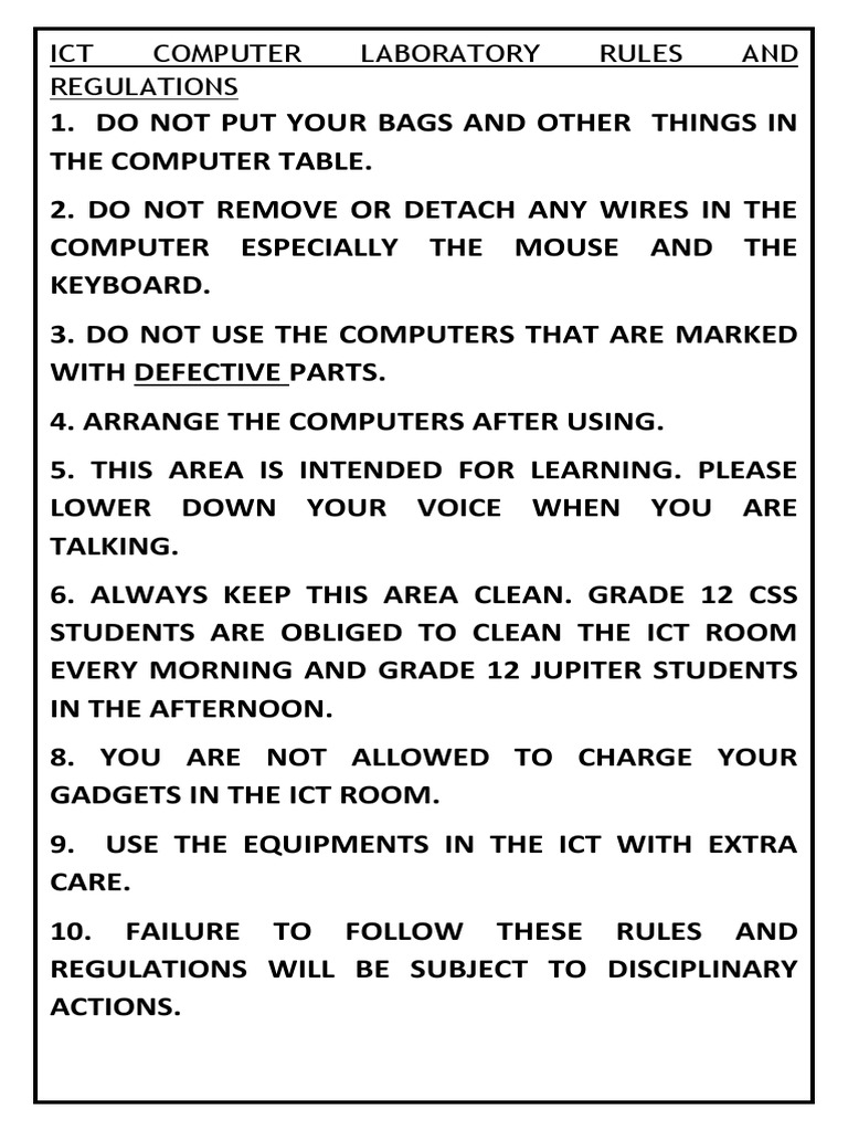 ICT Laboratory Rules and Regulations | PDF | Educational Technology ...