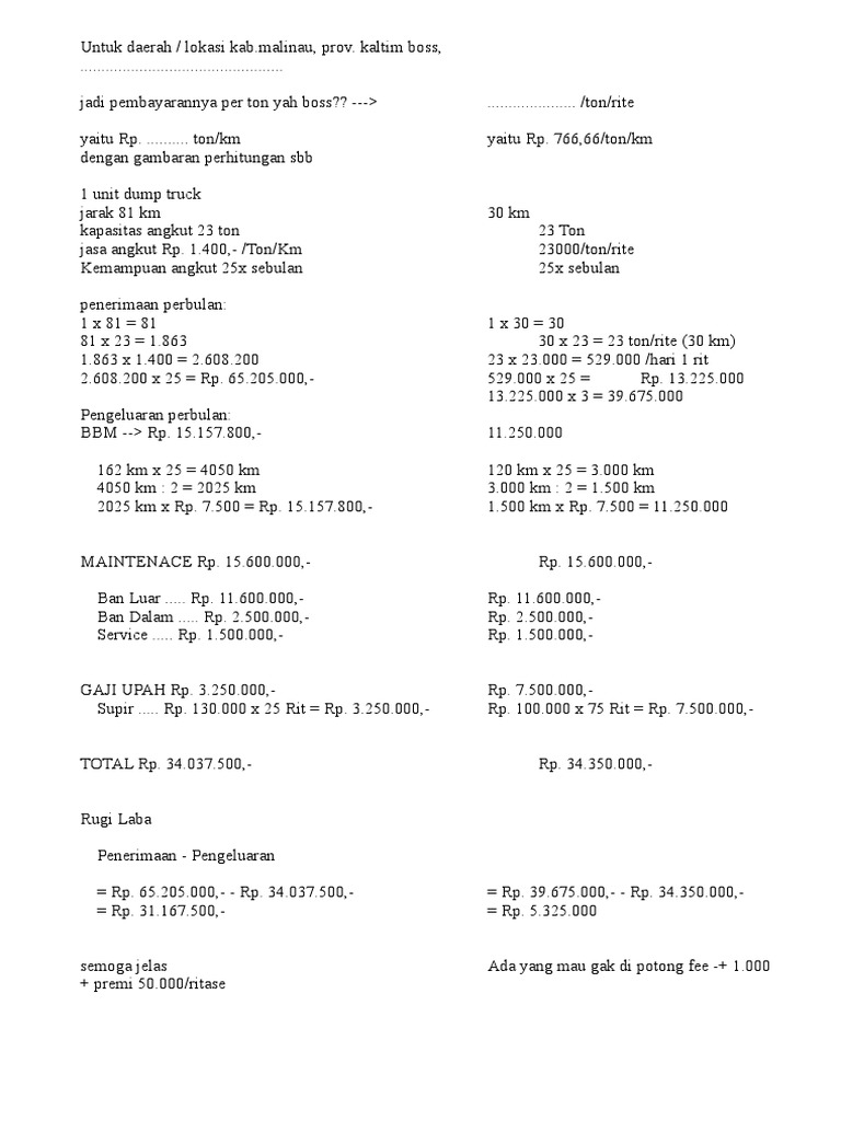 Perhitungan Ritase Angkutan Tonase | PDF