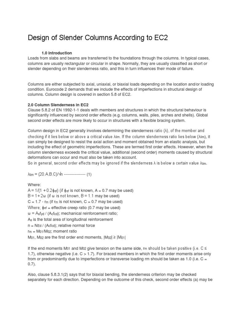 Design of Slender Columns According To EC2 | PDF | Column | Beam (Structure)