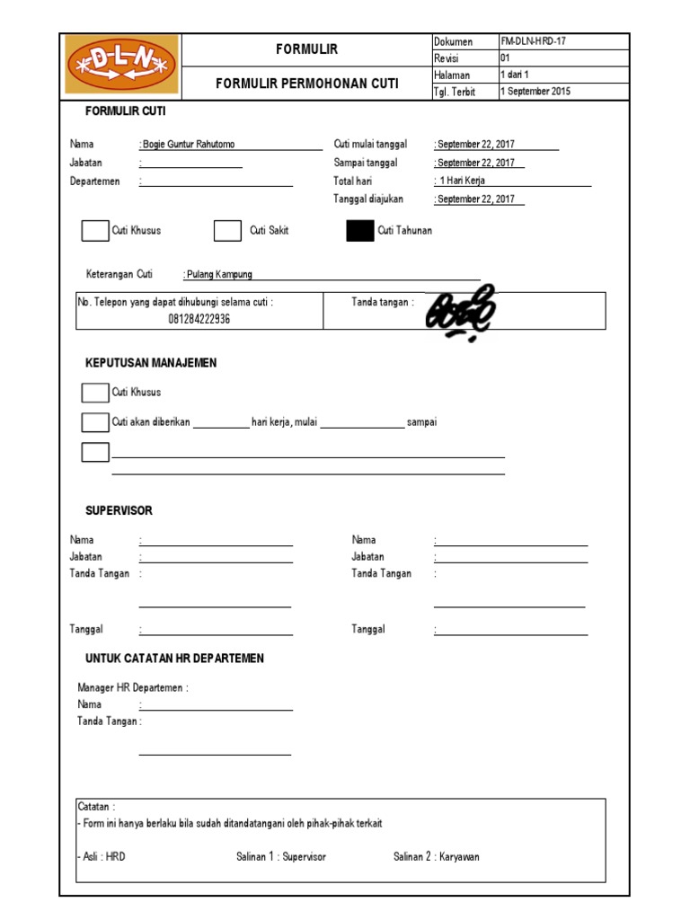 FM-DLN-HRD-Formulir Permohonan Cuti - BGR 1 | PDF