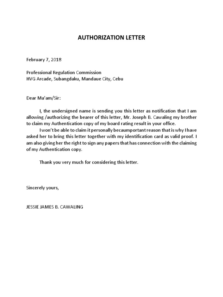 PRC Authorization Letter for Claiming ID | PDF