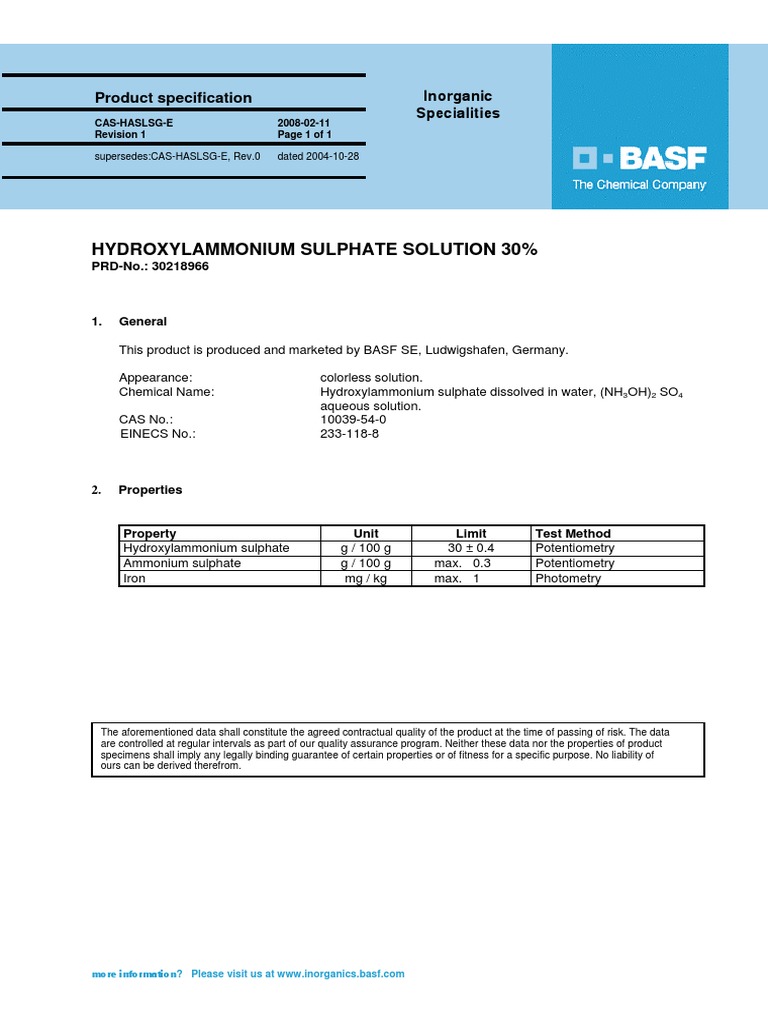 Hydroxylammonium Sulfate 30% Specification | PDF