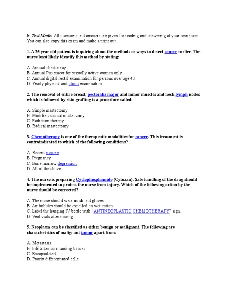 Oncology Nursing Exam Questions & Answers | PDF | Cancer | Chemotherapy