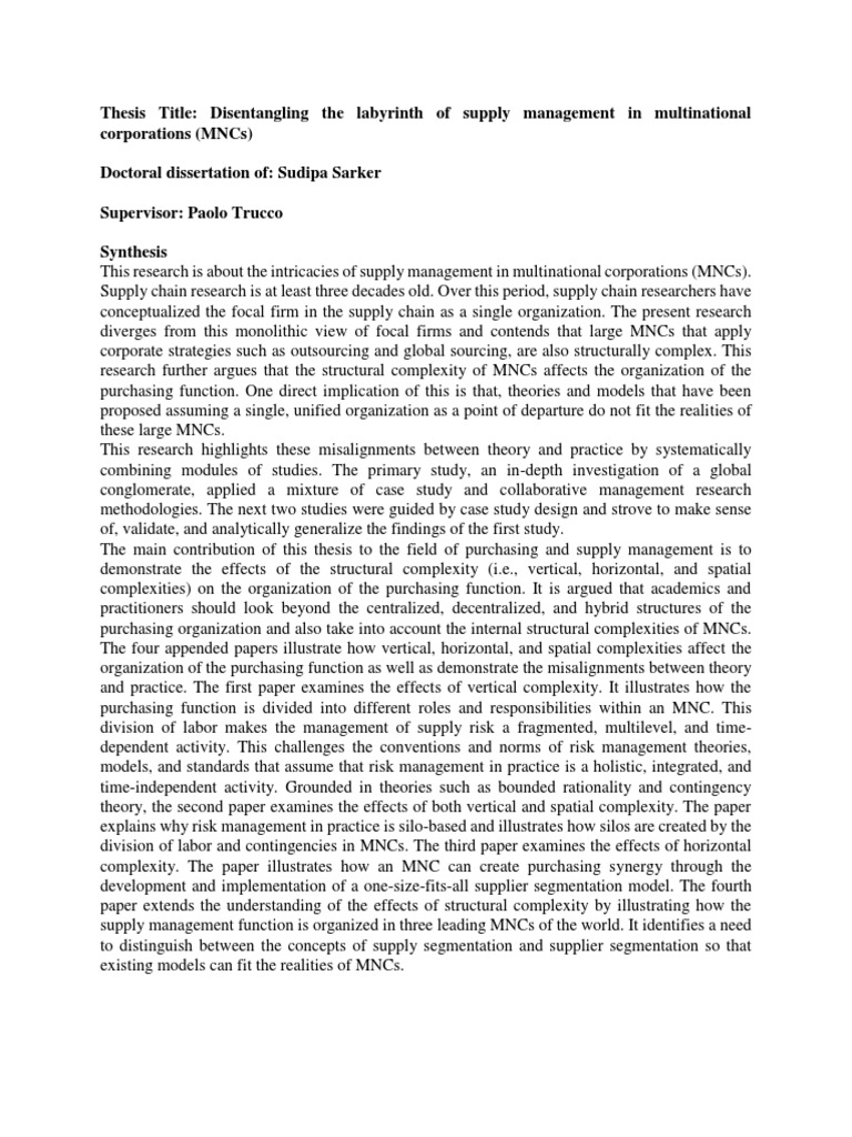 Abstract For POLIMI Year Book | PDF | Thesis | Multinational Corporation
