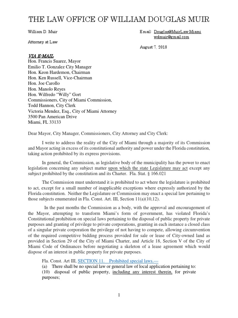 Letter to Mayor, City Manager, Commissioners, City Attorney, City Clerk ...